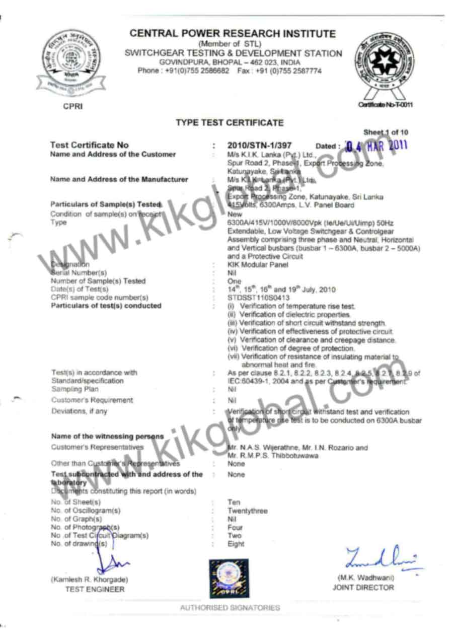 TEST CERTIFICATES - KIK Lanka (Pvt) Ltd.