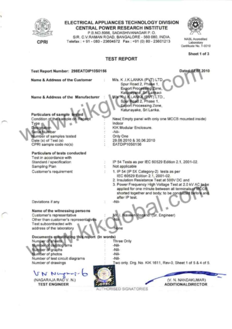 TEST CERTIFICATES - KIK Lanka (Pvt) Ltd.